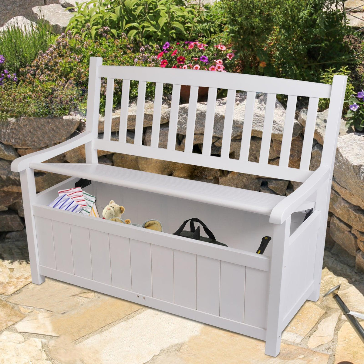 Outdoor Wooden Storage Bench with Large Deck Box for Patio Garden Porc
