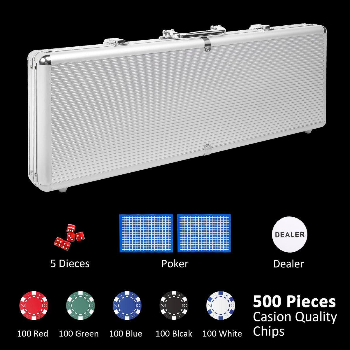 500Pc Poker Game Set with Carrying Case, Cards, Dice and 500 Casino Ch
