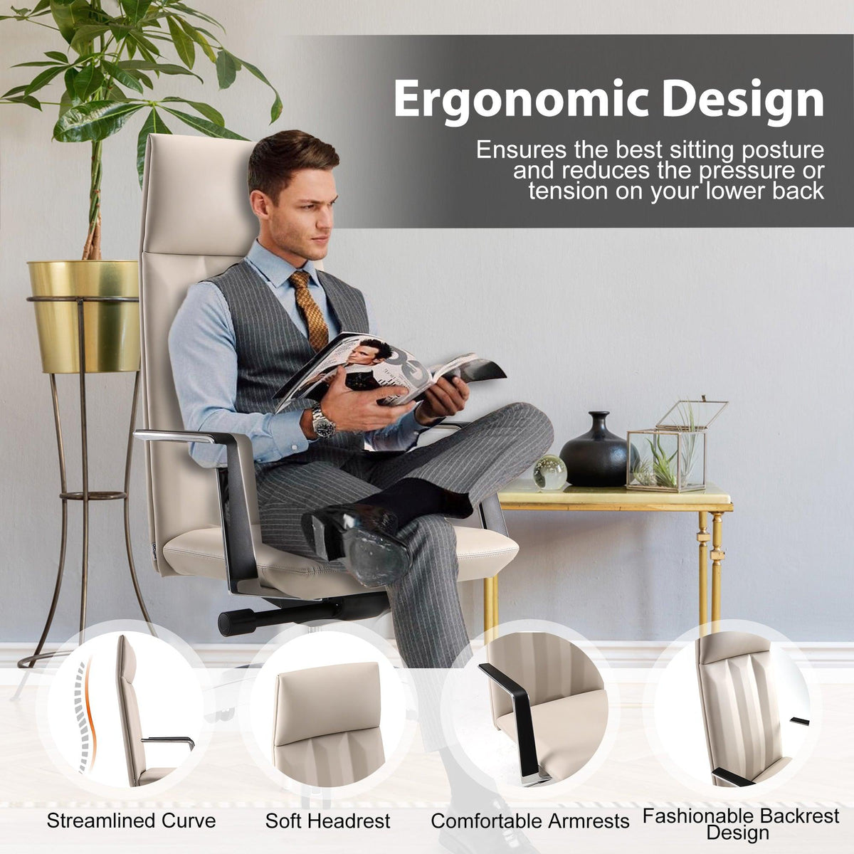 High Back Chair, Ergonomic Leather Office Chair, Office Chair with ...