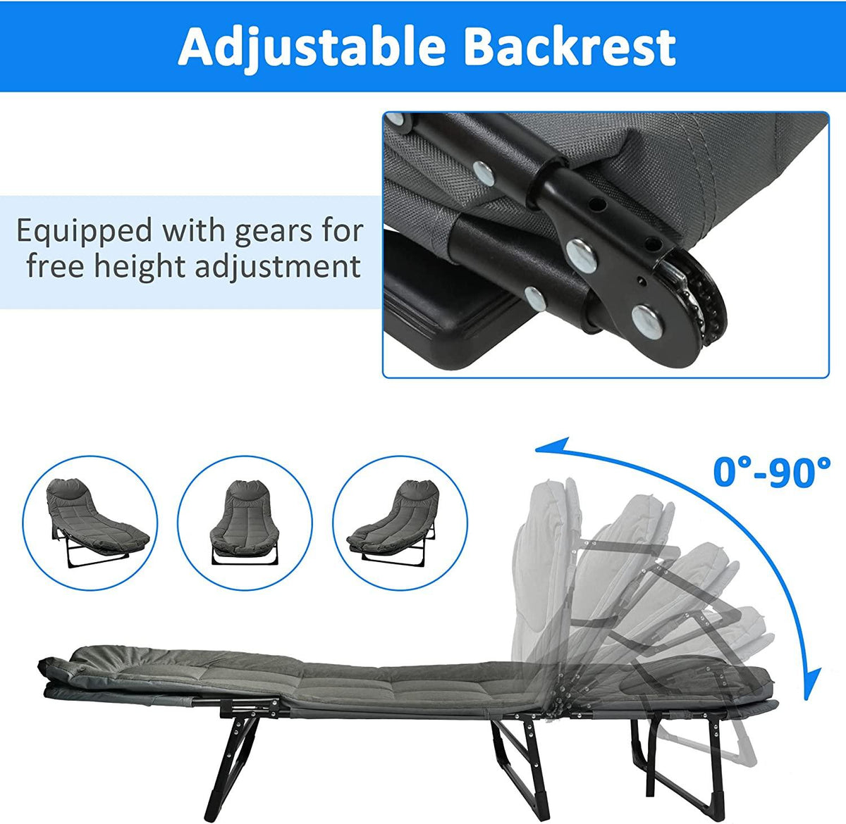 Portable Folding Camping Cot, Adjustable Backrest Outdoor Lounge Chair
