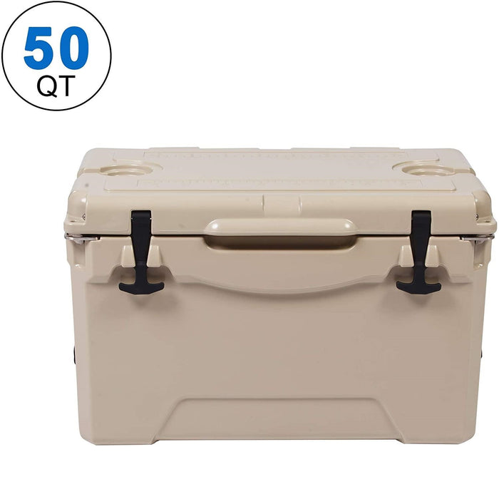 Rotomolded Cooler, 50QT Tan Cooler with Built-in Cup Holder, Bottle Op