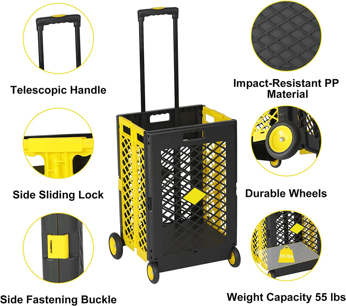 55L Foldable Rolling Cart with Wheels, Portable Updated Utility Tools