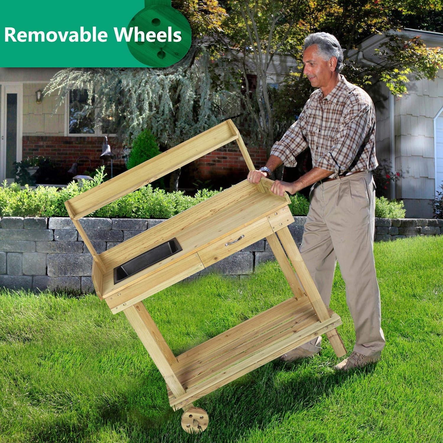 Potting Bench Table Wooden Gardening Plant Workstation Natural Solid W