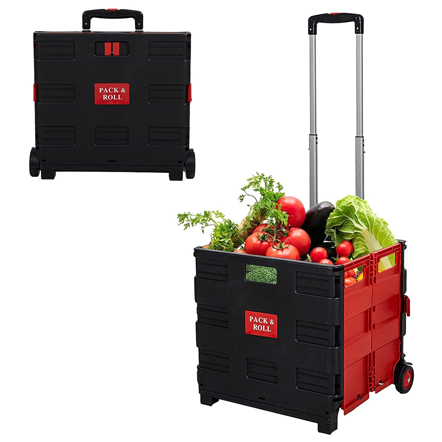 56L Large Folding Rolling Utility Shopping Cart with Wheels, Black & R