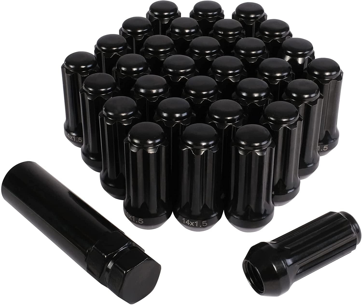 32 Black M14 x 1.5 Lug Nuts with 1 Socket Key, 2" Long/7 Spline with C