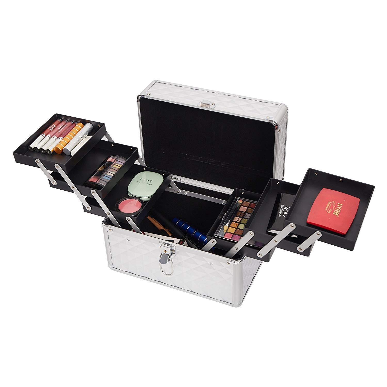 Professional Makeup Train Case with 6 Sliding Trays Portable Cosmetic