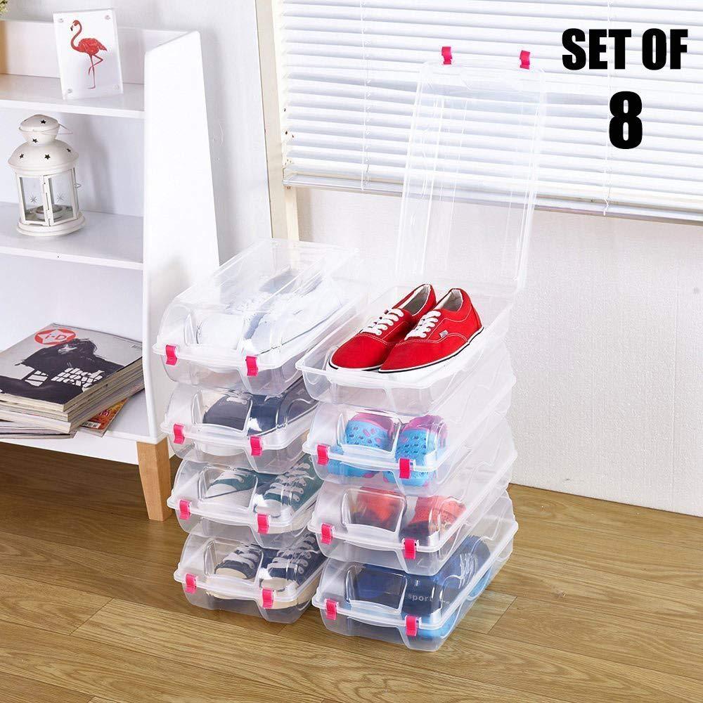 8 Pack Stackable Clear Plastic Shoe Box Multi-purpose Transparent Closet Storage Box Container ...