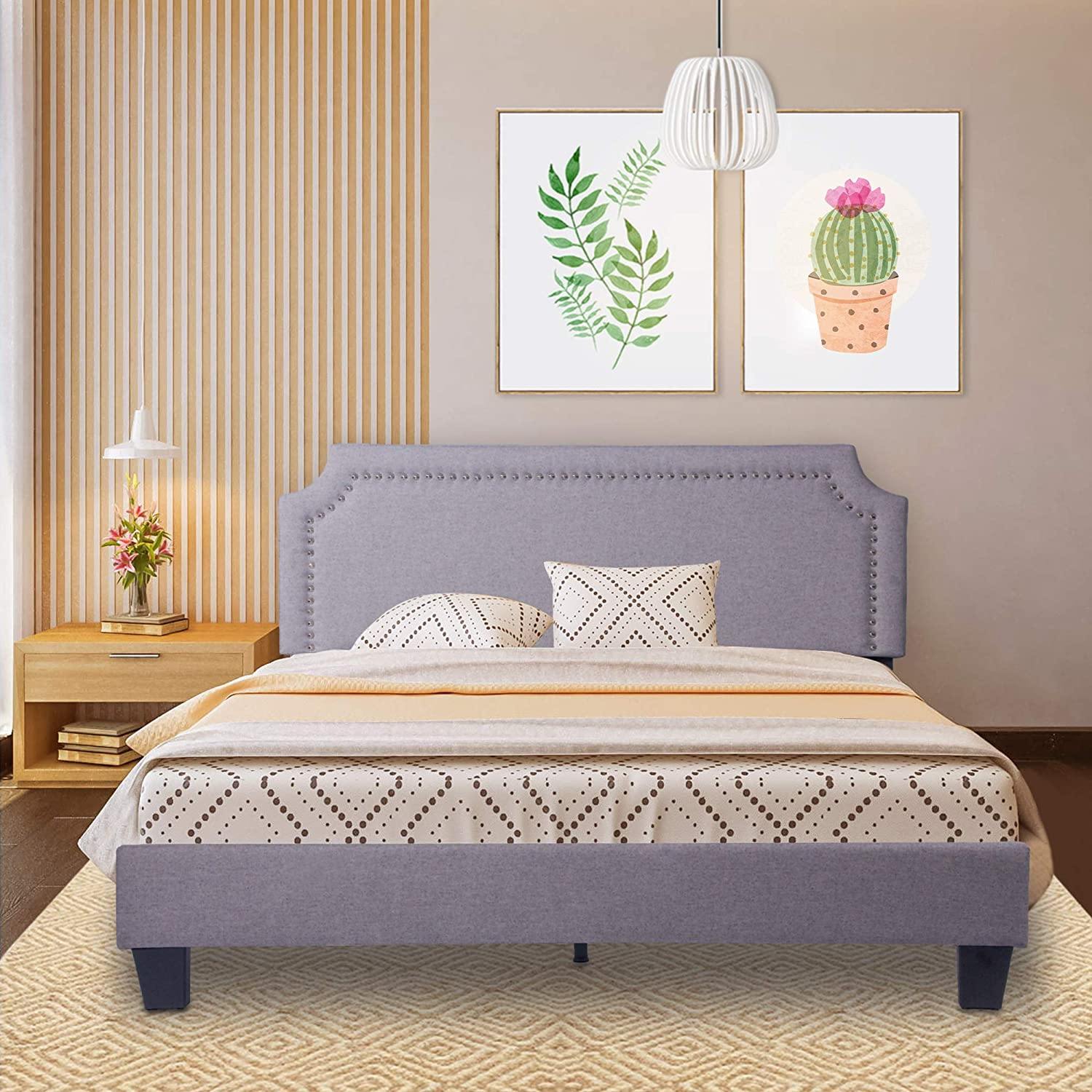 54" Upholstered Full Size Bed Frame with Headboard Wood Slat Support M