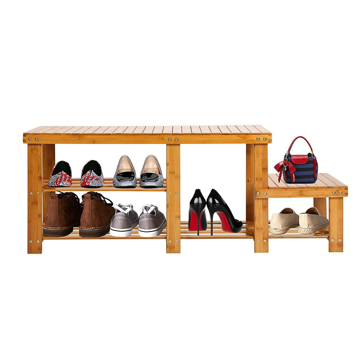 2-Tier Natural Bamboo Shoe Bench for Entryway and Hallway Boot Storage ...