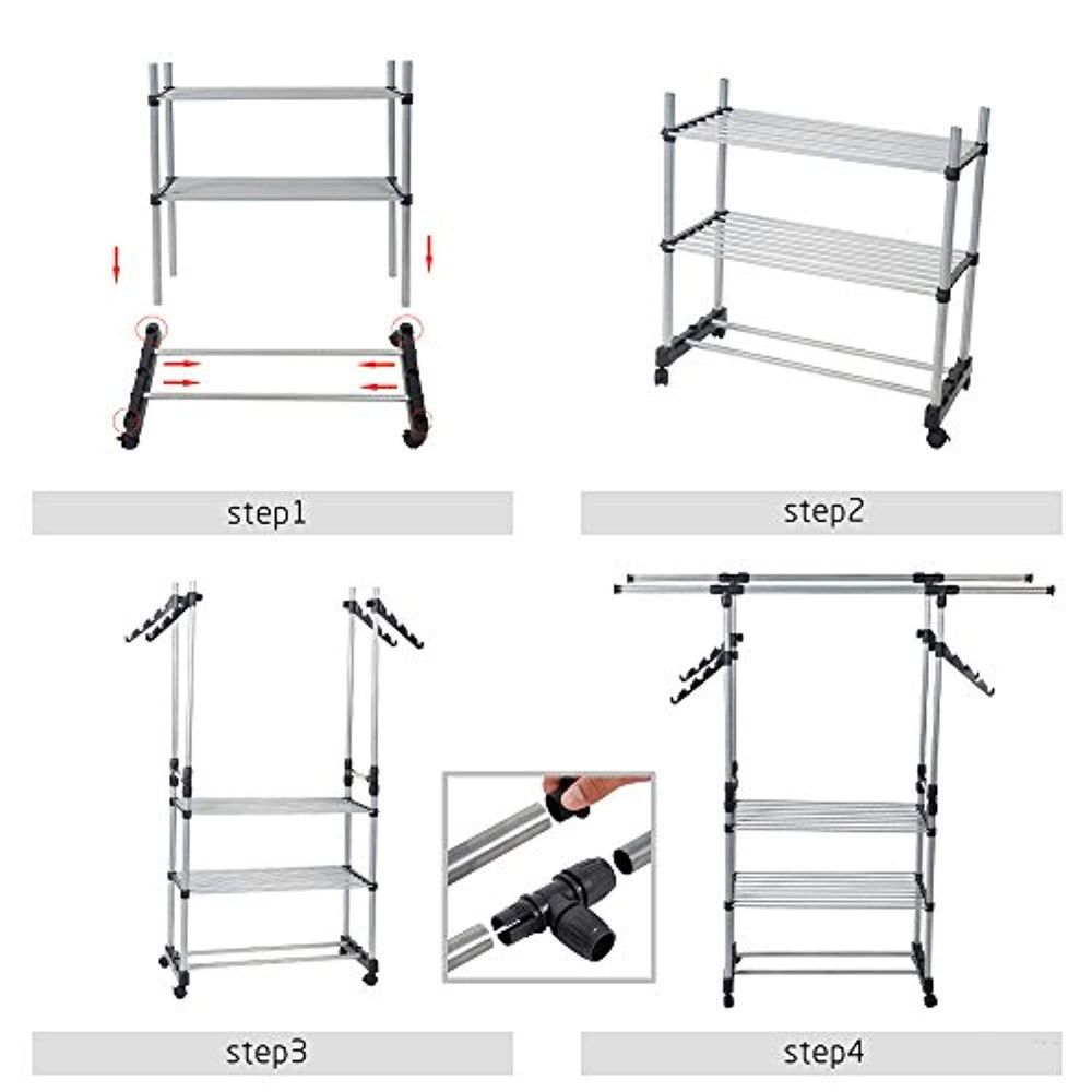 (Out of Stock) Folding Double Rails 3-Tier Clothes Rack with Shelf and