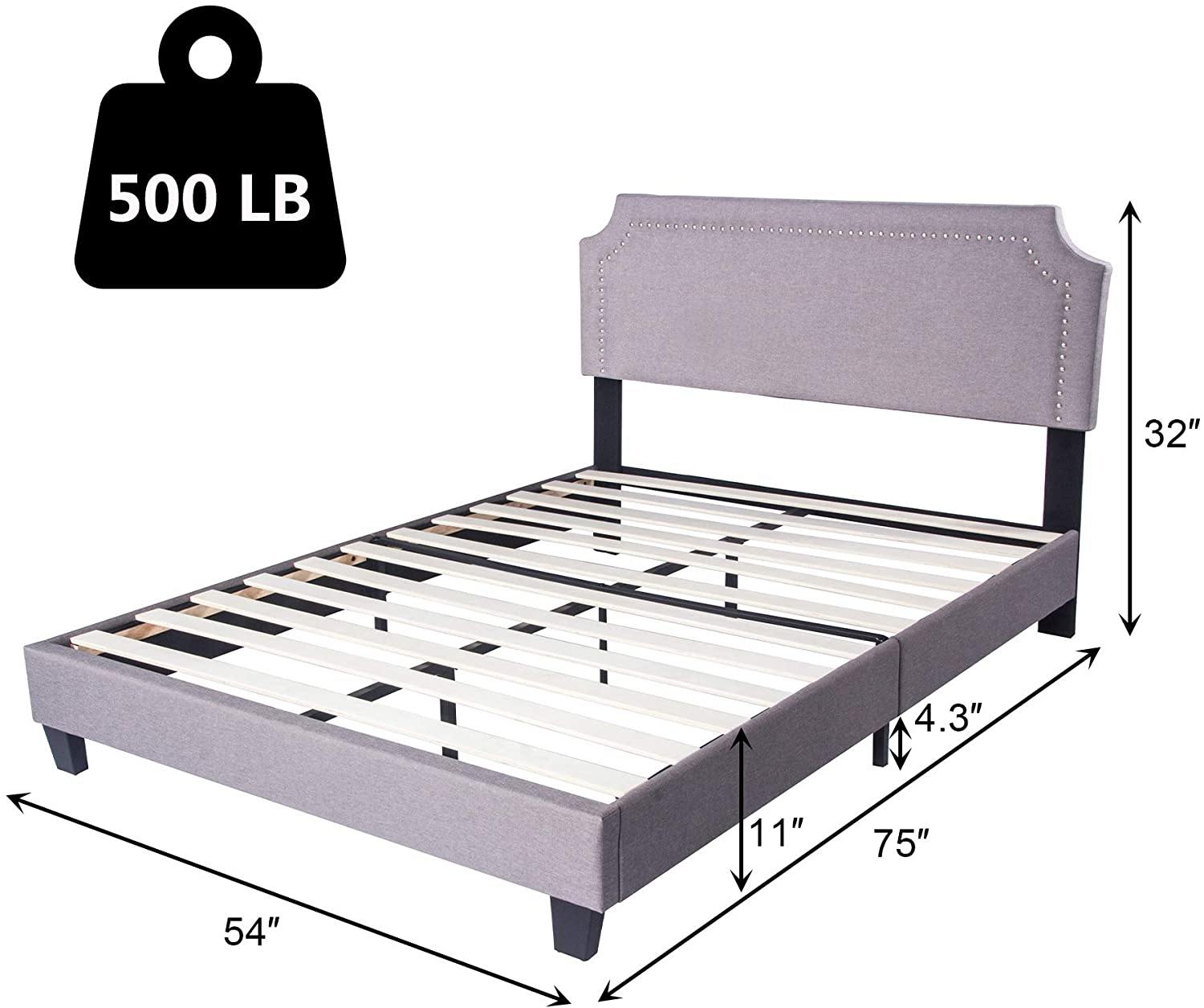 54" Upholstered Full Size Bed Frame with Headboard Wood Slat Support M