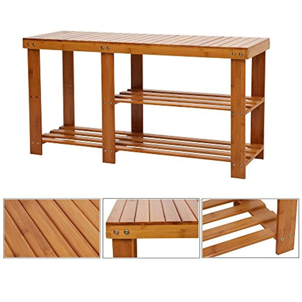Natural Bamboo Shoe Bench 2-Tier Boot Storage Racks Shelf Footwear ...