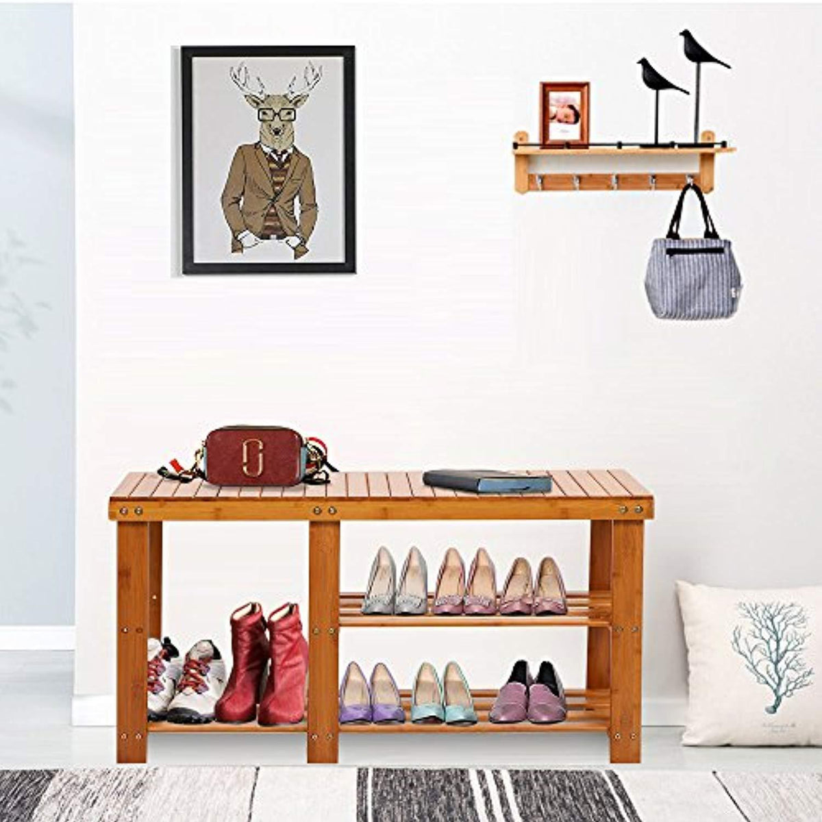 Natural Bamboo Shoe Bench 2-Tier Boot Storage Racks Shelf Footwear ...