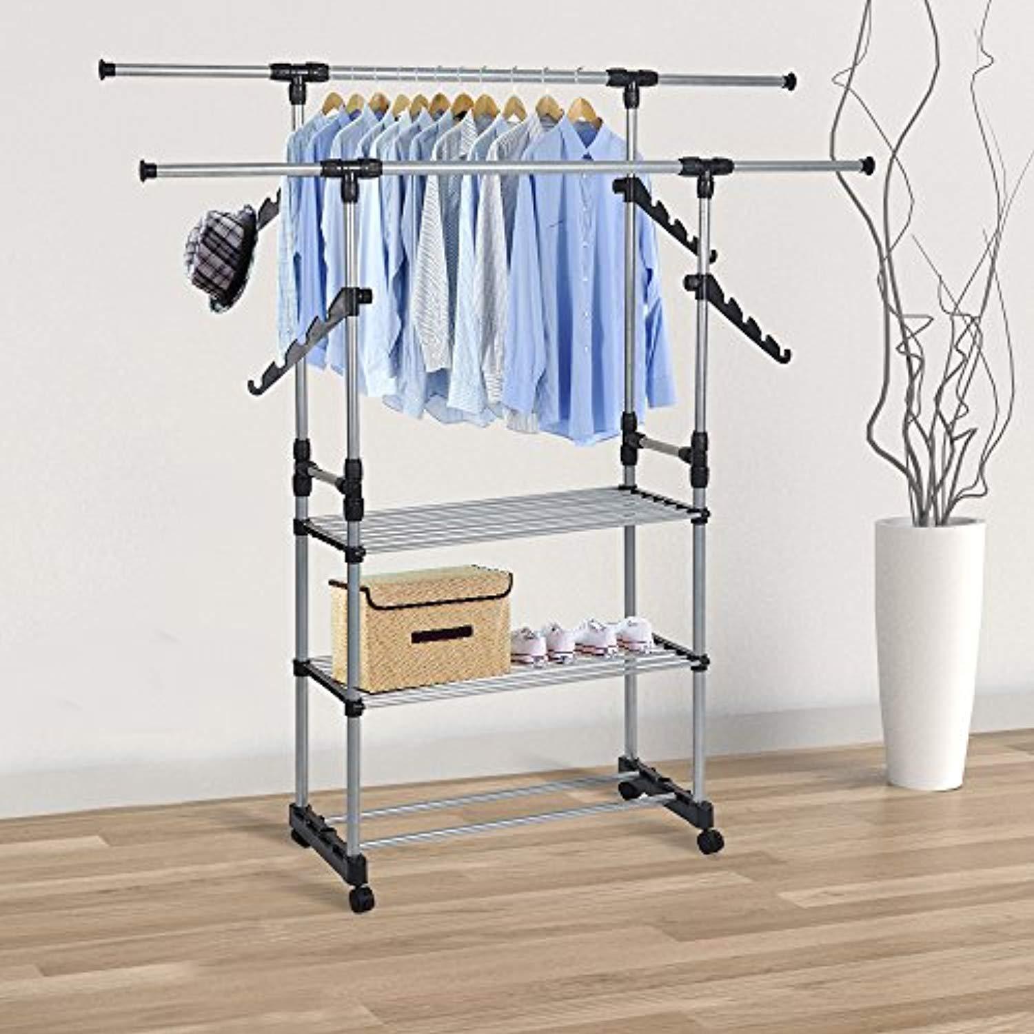 (Out of Stock) Folding Double Rails 3-Tier Clothes Rack with Shelf and