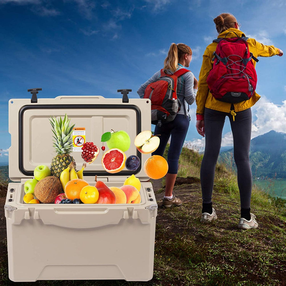 Rotomolded Cooler, 50QT Tan Cooler with Built-in Cup Holder, Bottle Op