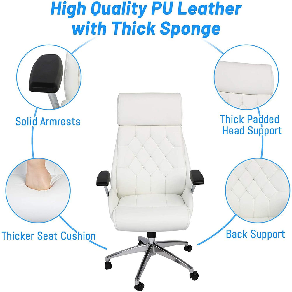 White Office Chair Ergonomic Leather High Back Heavy Duty Executive Ch