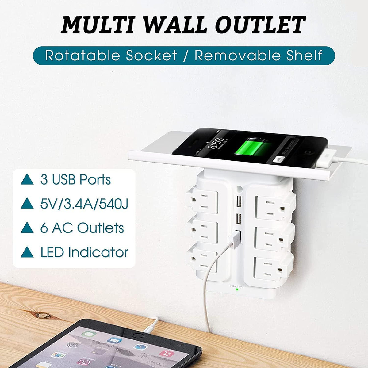 Power Strip Tower 6 Outlets 3 Usb with Removable Shelf Wall Mount for