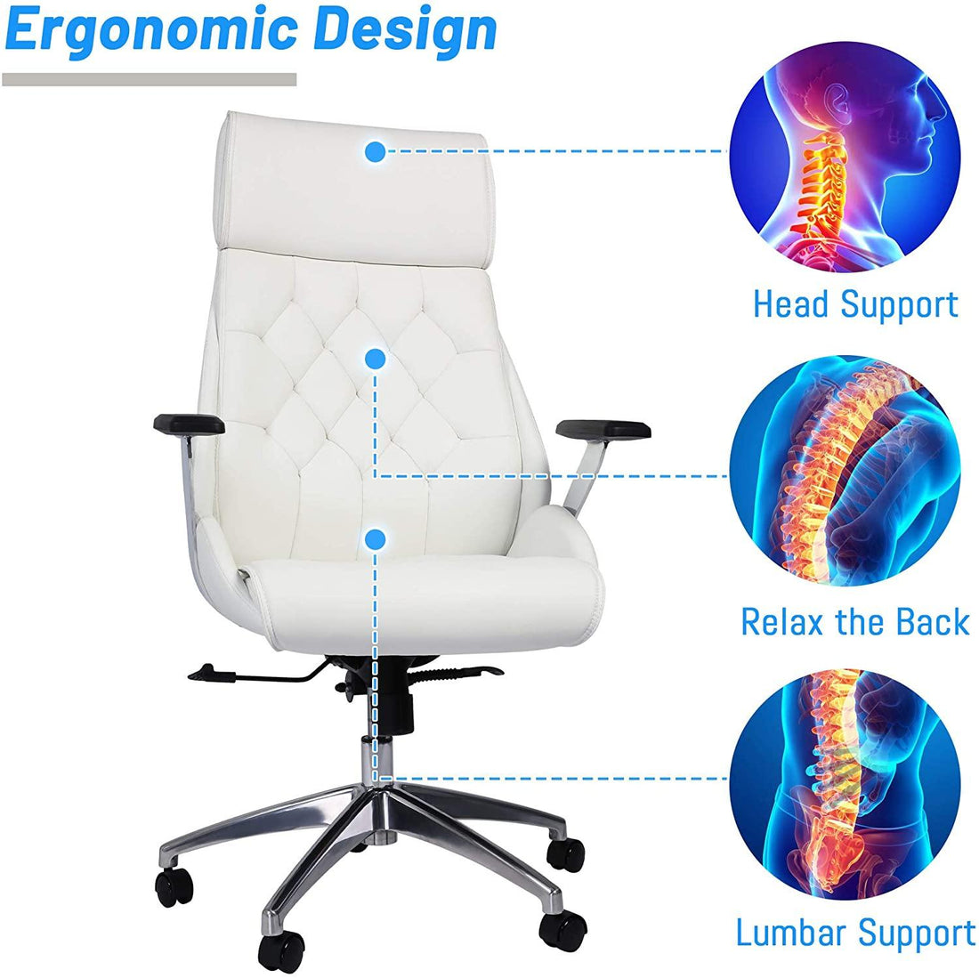 White Office Chair Ergonomic Leather High Back Heavy Duty Executive Ch