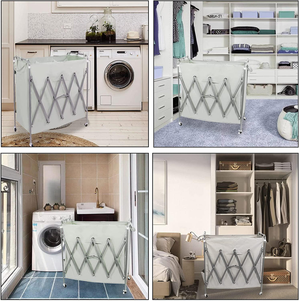 Folding 3 Sections Rolling Laundry Basket Laundry Cart Sorter Hamper w