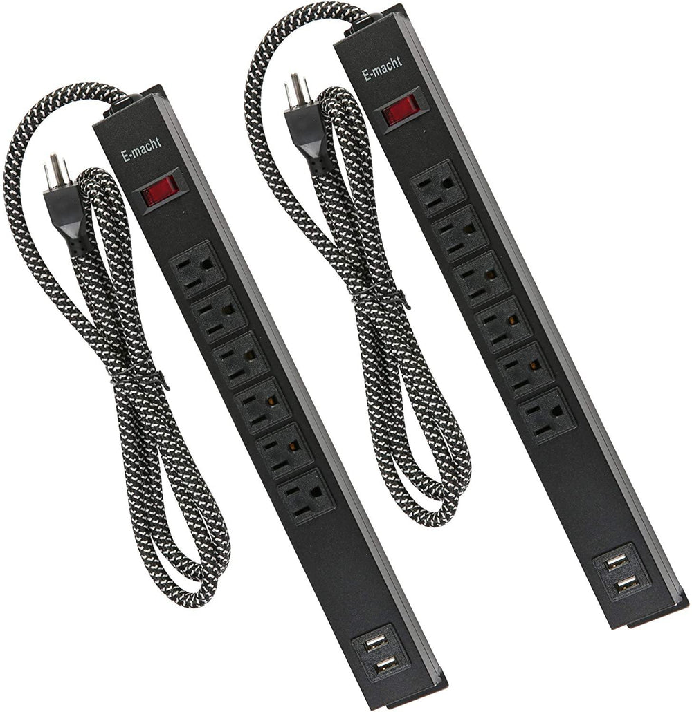 2 Pack Long Power Strip, 6 Metal Power Outlets 2 USB Ports, 6 ft Long