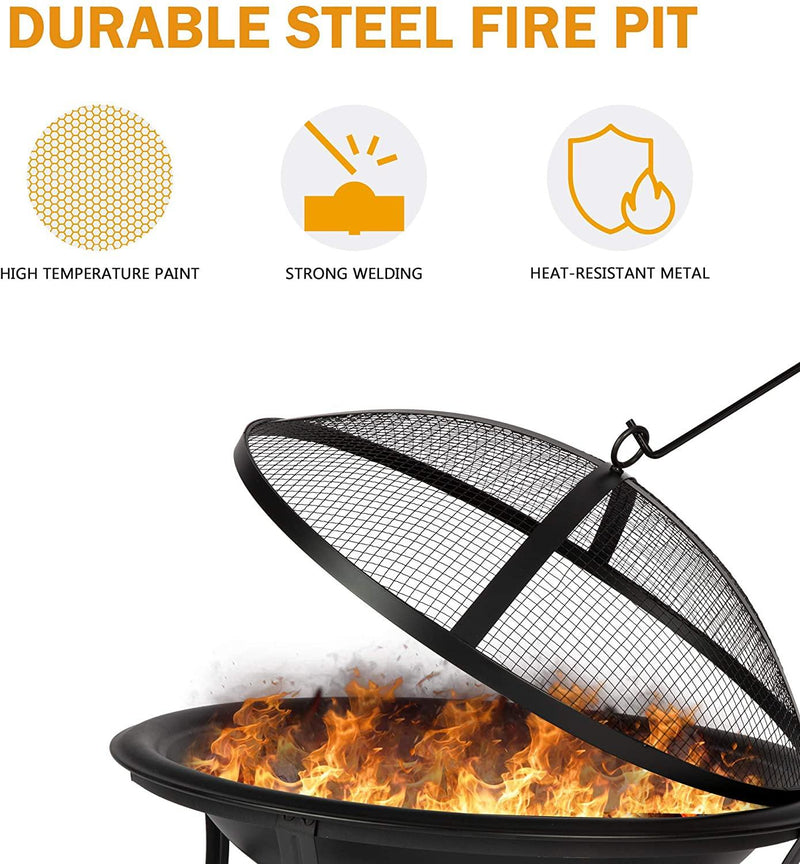 22-Inch Outdoor Wood-Burning BBQ Grill Fire Pit with Round Mesh Spark