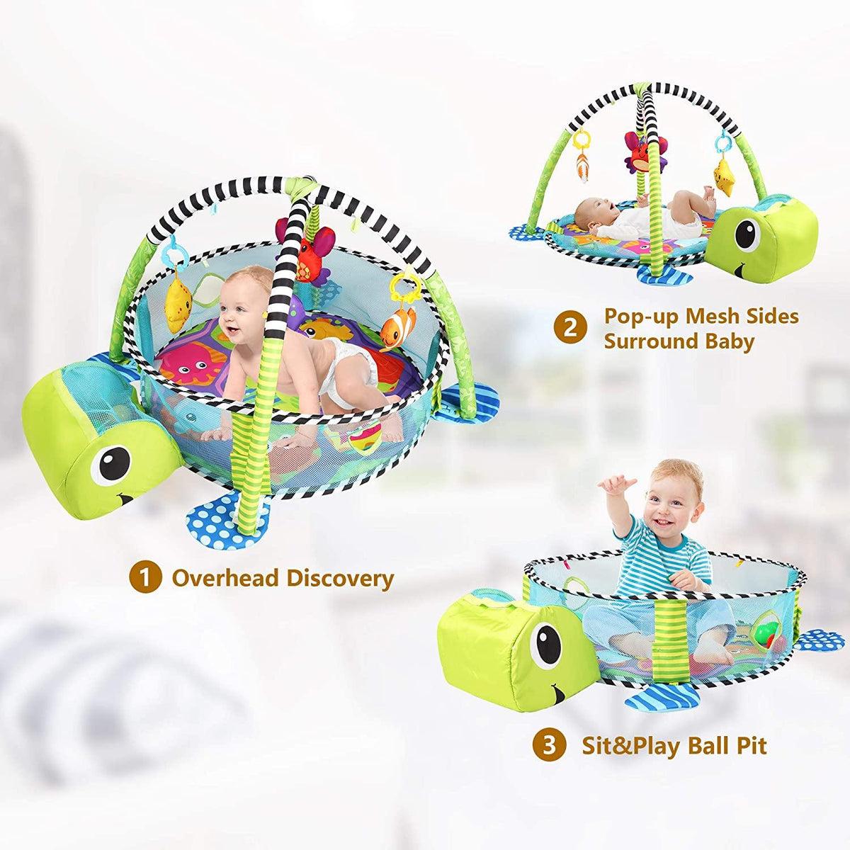 3-in-1 Cartoon Baby Infant Activity Gym Turtle Play mat & Ball Pit wit