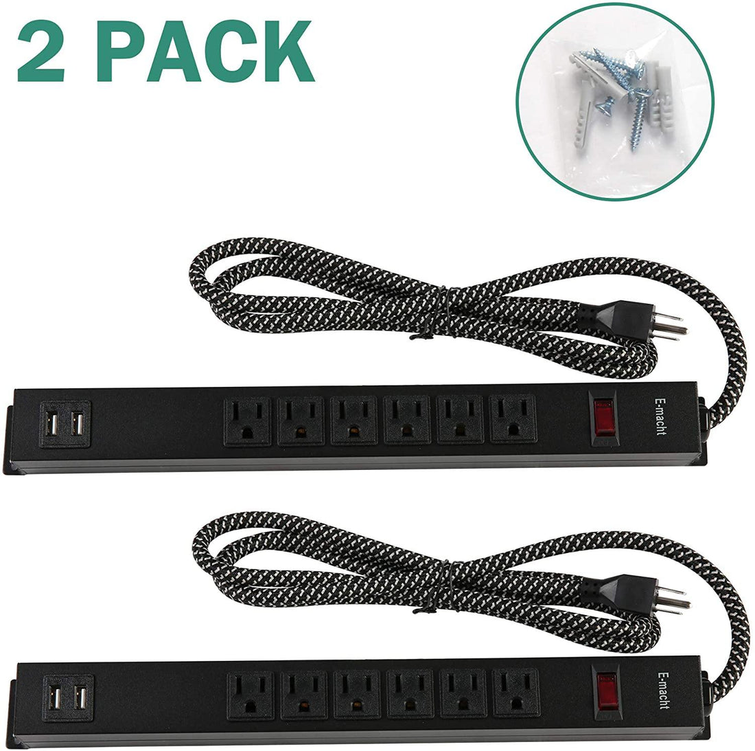 2 Pack Long Power Strip, 6 Metal Power Outlets 2 USB Ports, 6 ft Long