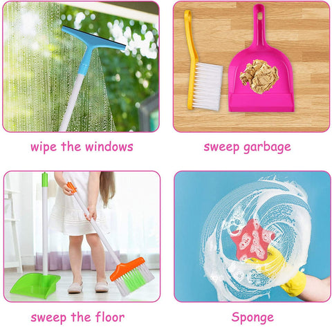 Kids Cleaning Set 7 Piece with Brush Broom Dust Pan Sponge Pretend Play ...