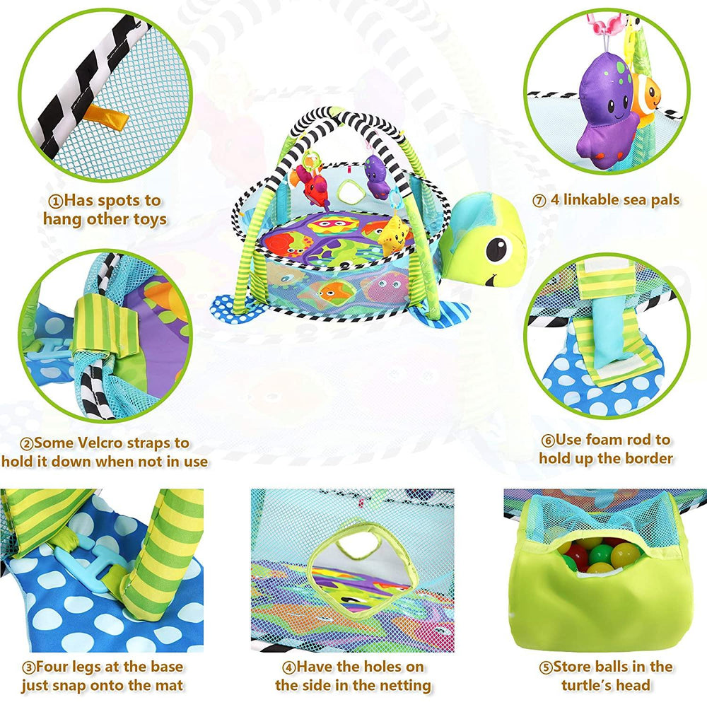 3-in-1 Cartoon Baby Infant Activity Gym Turtle Play mat & Ball Pit wit