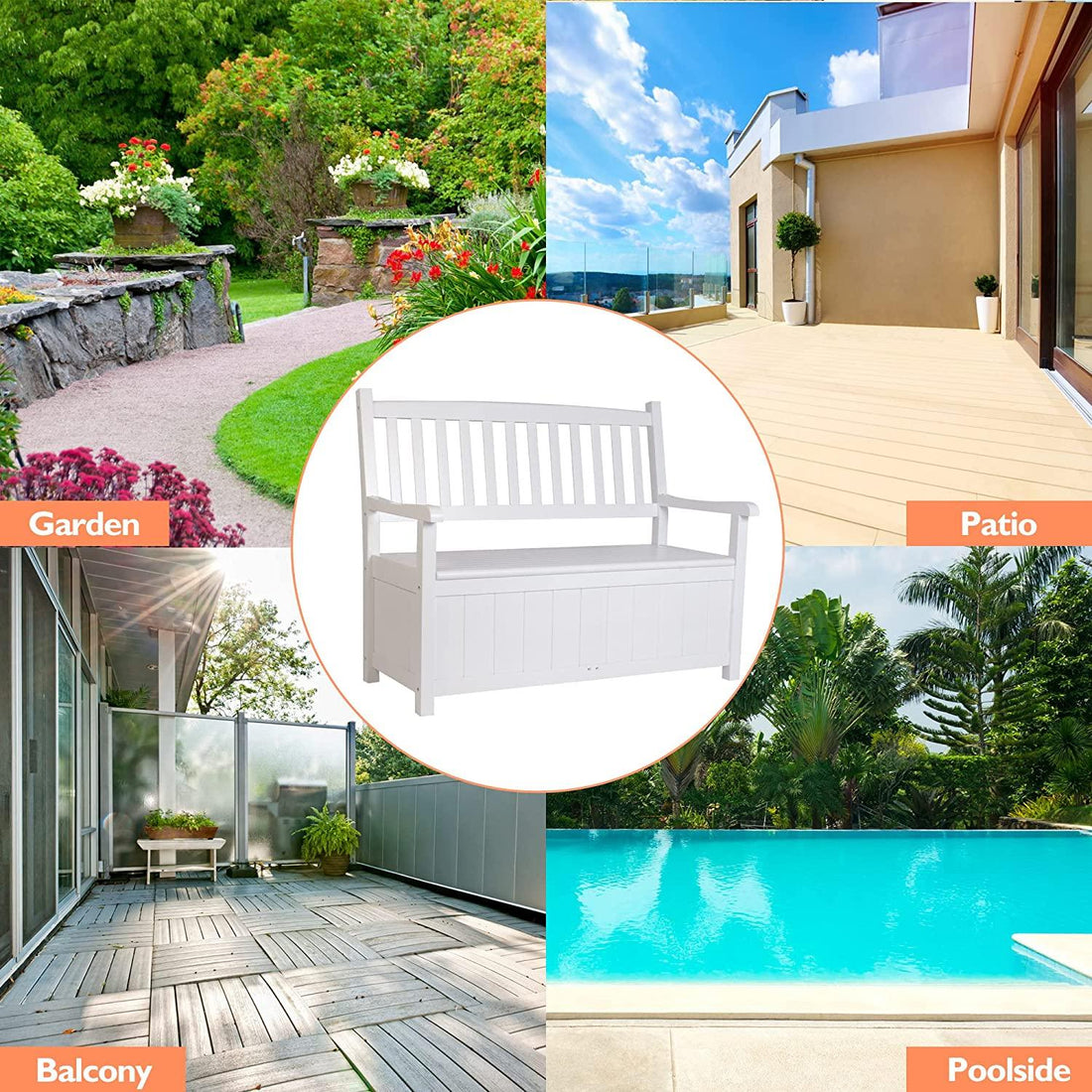 Outdoor Wooden Storage Bench with Large Deck Box for Patio Garden Porc