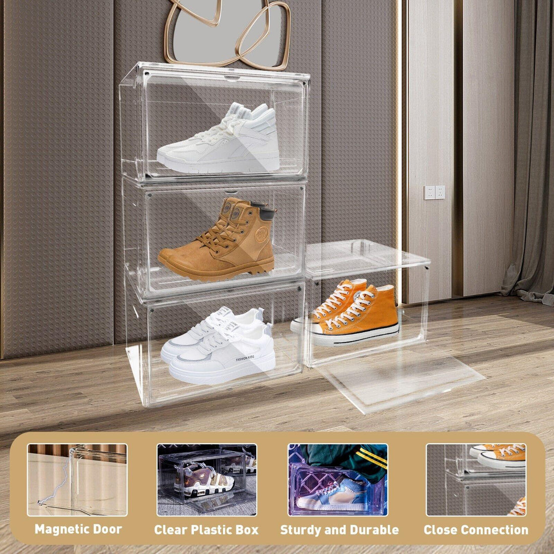 4 Packs Magnetic Stackable Shoe Storage Box Sneaker Container PET Disp