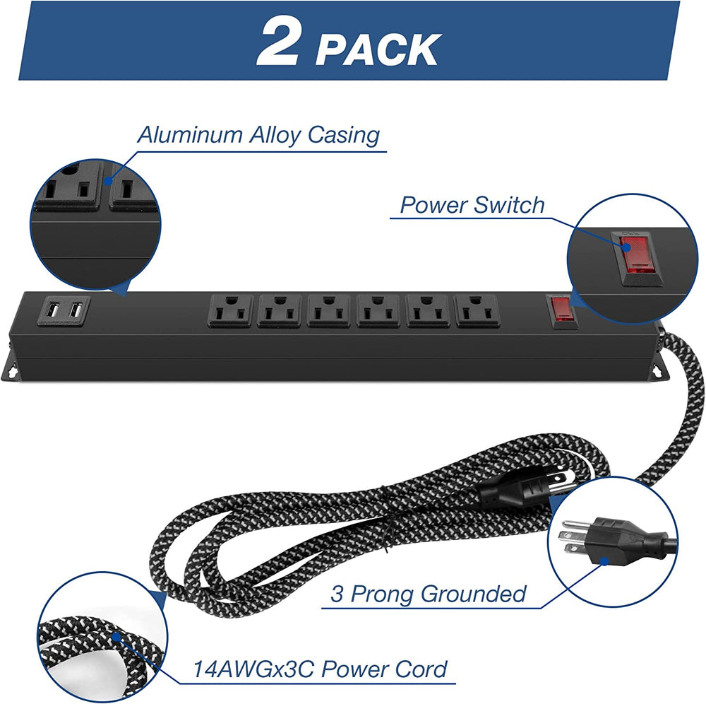 2 Pack Long Power Strip, 6 Metal Power Outlets 2 USB Ports, 6 ft Long
