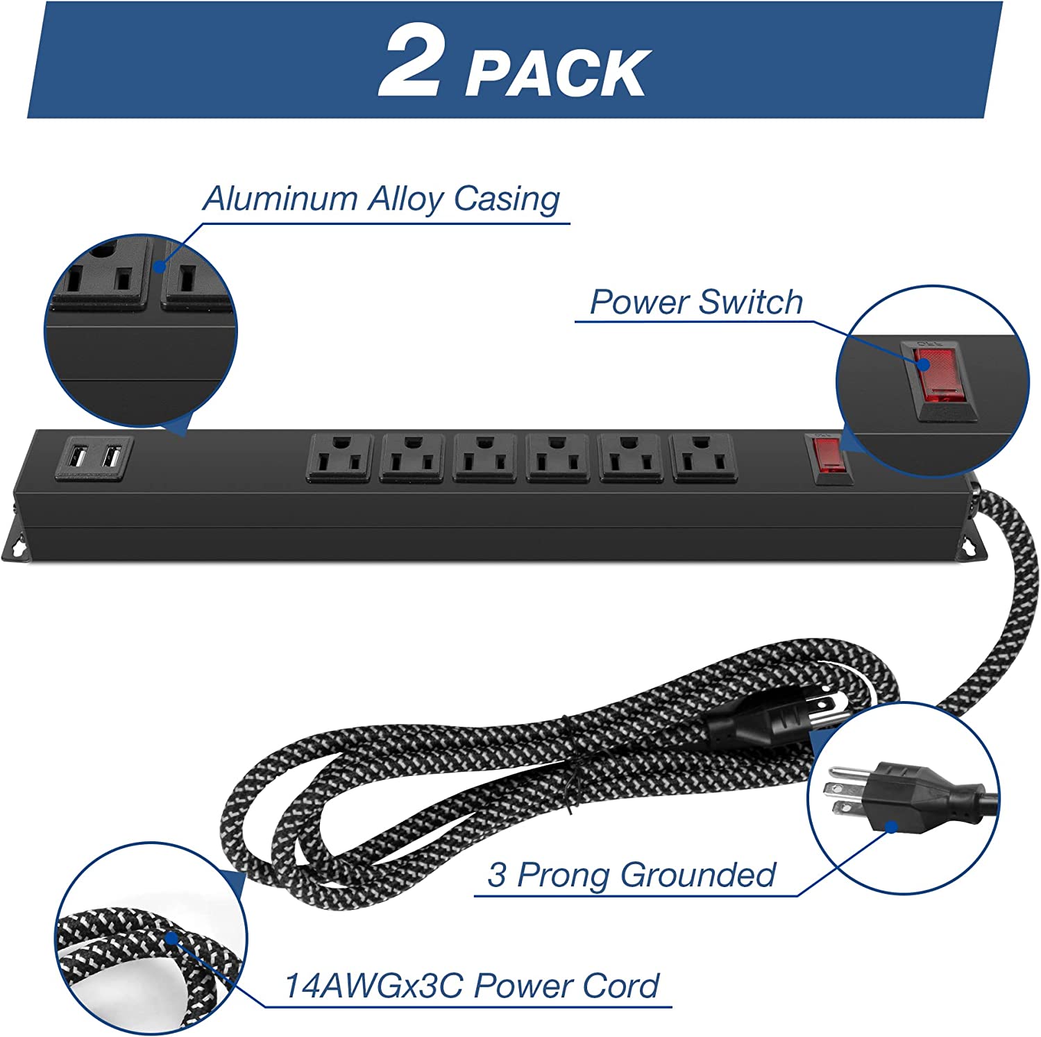 2 Pack Long Power Strip, 6 Metal Power Outlets 2 USB Ports, 6 ft Long