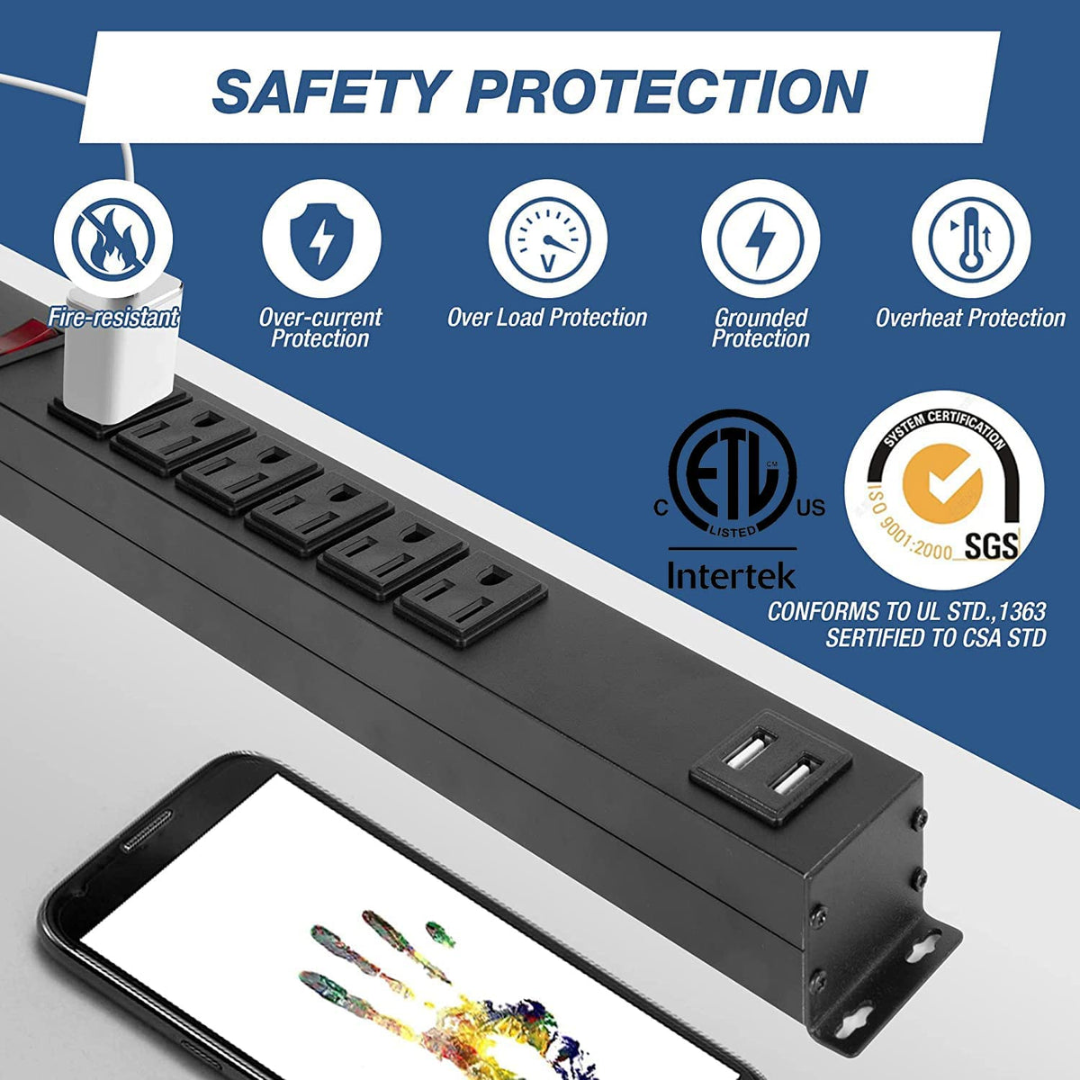 2 Pack Long Power Strip, 6 Metal Power Outlets 2 USB Ports, 6 ft Long