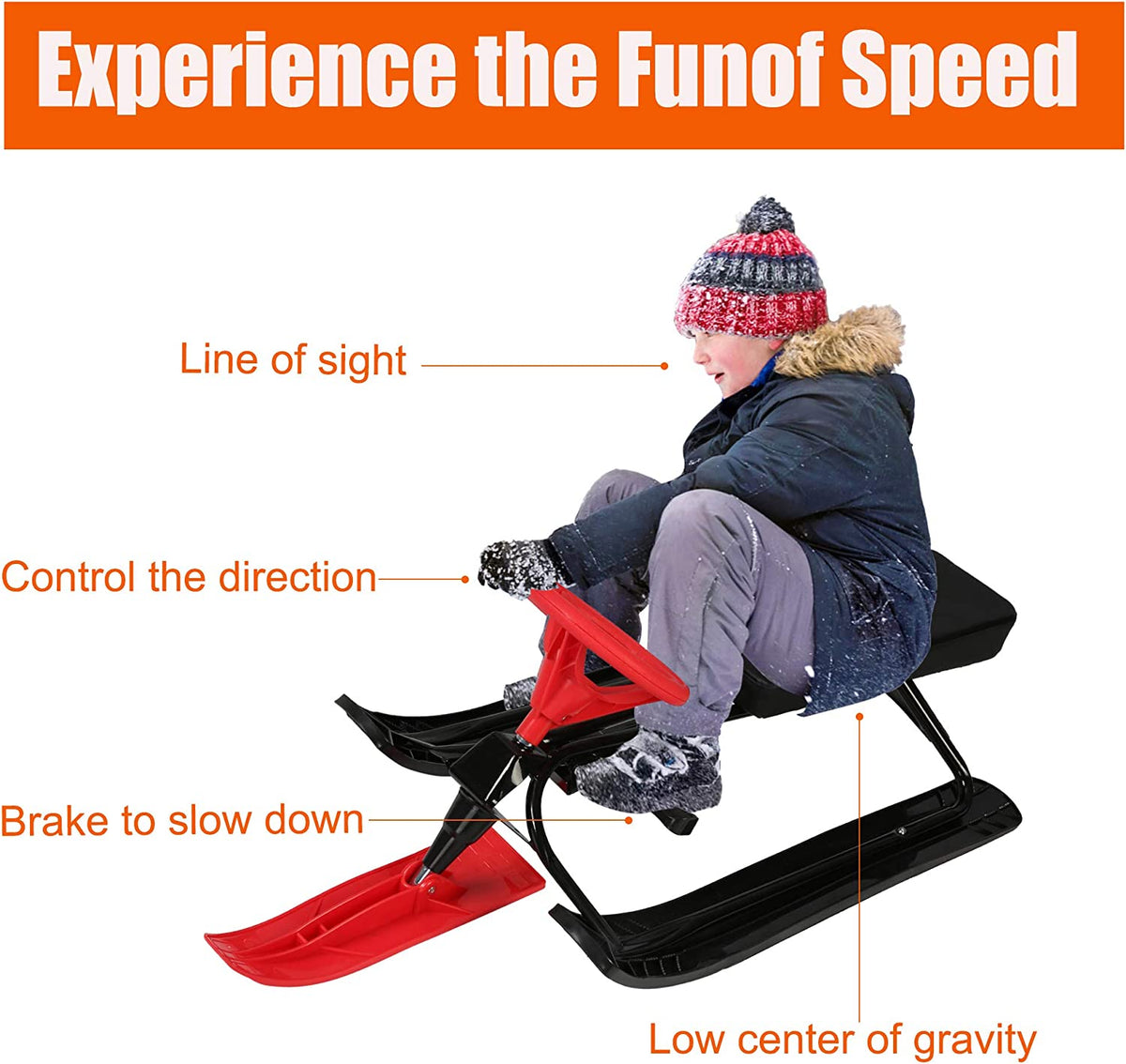 Snow Racer Sled, Ski Sled Snowboard with Steering Wheel & Twin Brakes ...